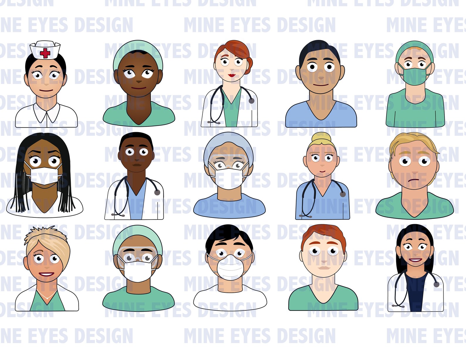 HOSPITAL STAFF Character Clipart Diverse Nurses Doctors and Surgeons ...