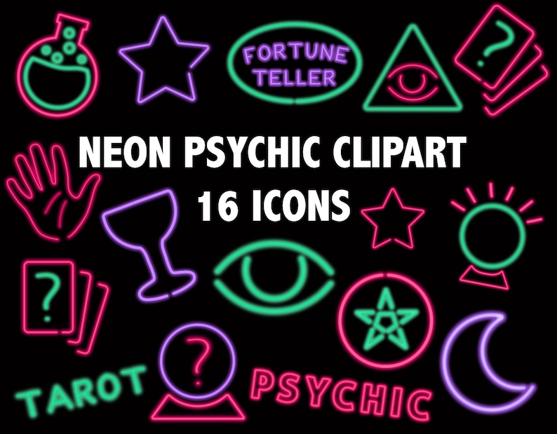 NEON PSYCHIC CLIPART Occult and Palm Reader Icons Magic Tarot - Etsy