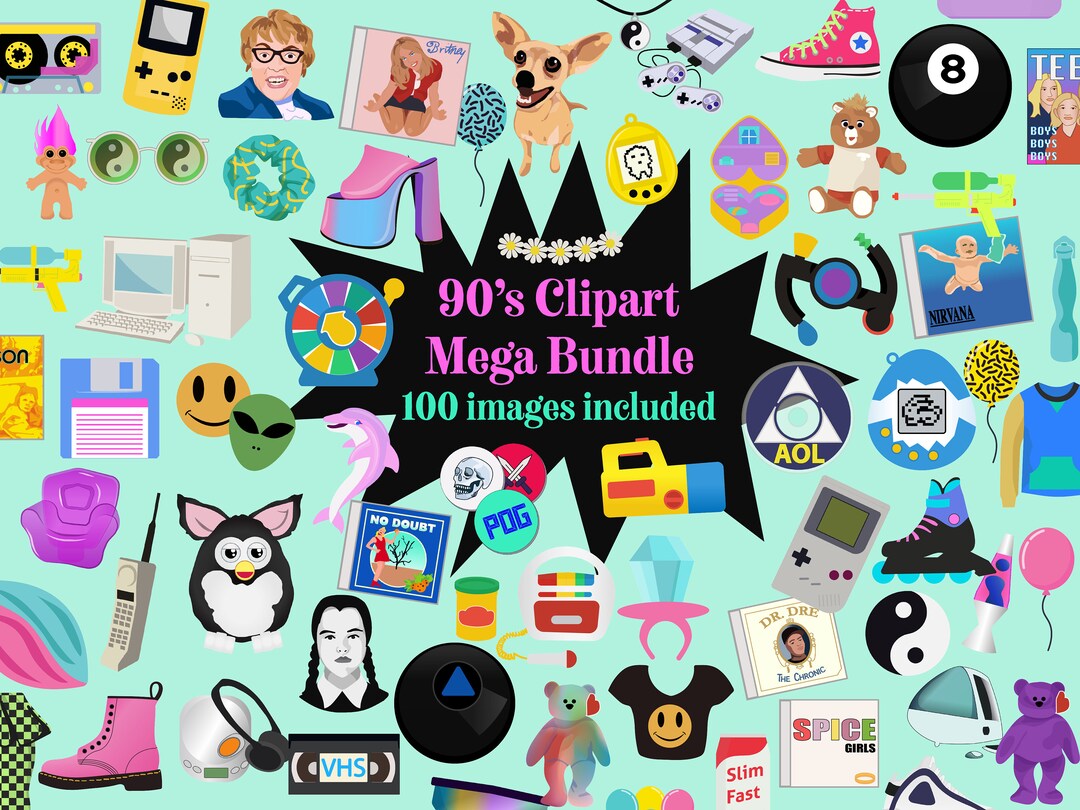 90s Mega Bundle 100 Digital Clipart Icons RETRO Clip Art Set 90s Party ...