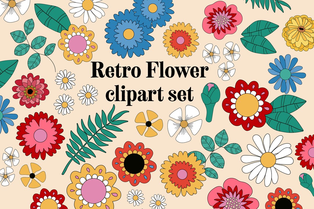 Retro Flowers Clipart Pack Muted Pastel Palette 20 Illustrated Floral ...