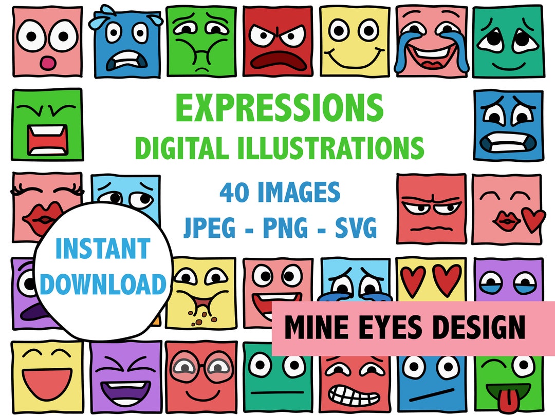 EXPRESSIONS & MOODS ILLUSTRATIONS Emoji Face Clip Art Digital 40 Unique ...