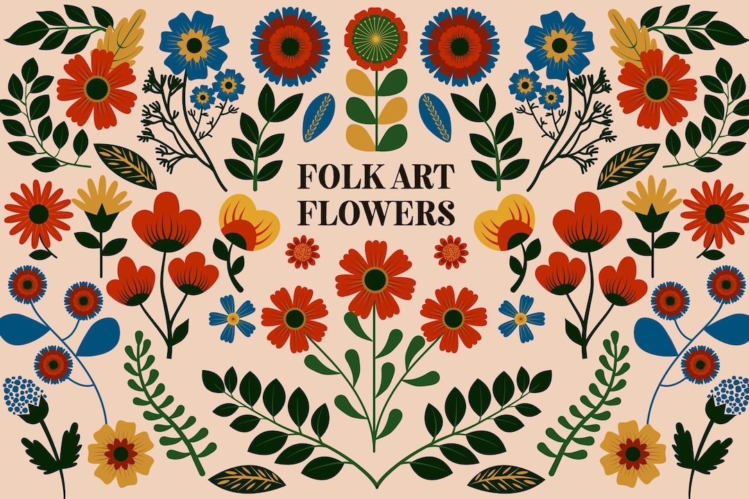 Folk Art Flowers Clipart: Floral Design Elements (PNG, SVG) - Etsy