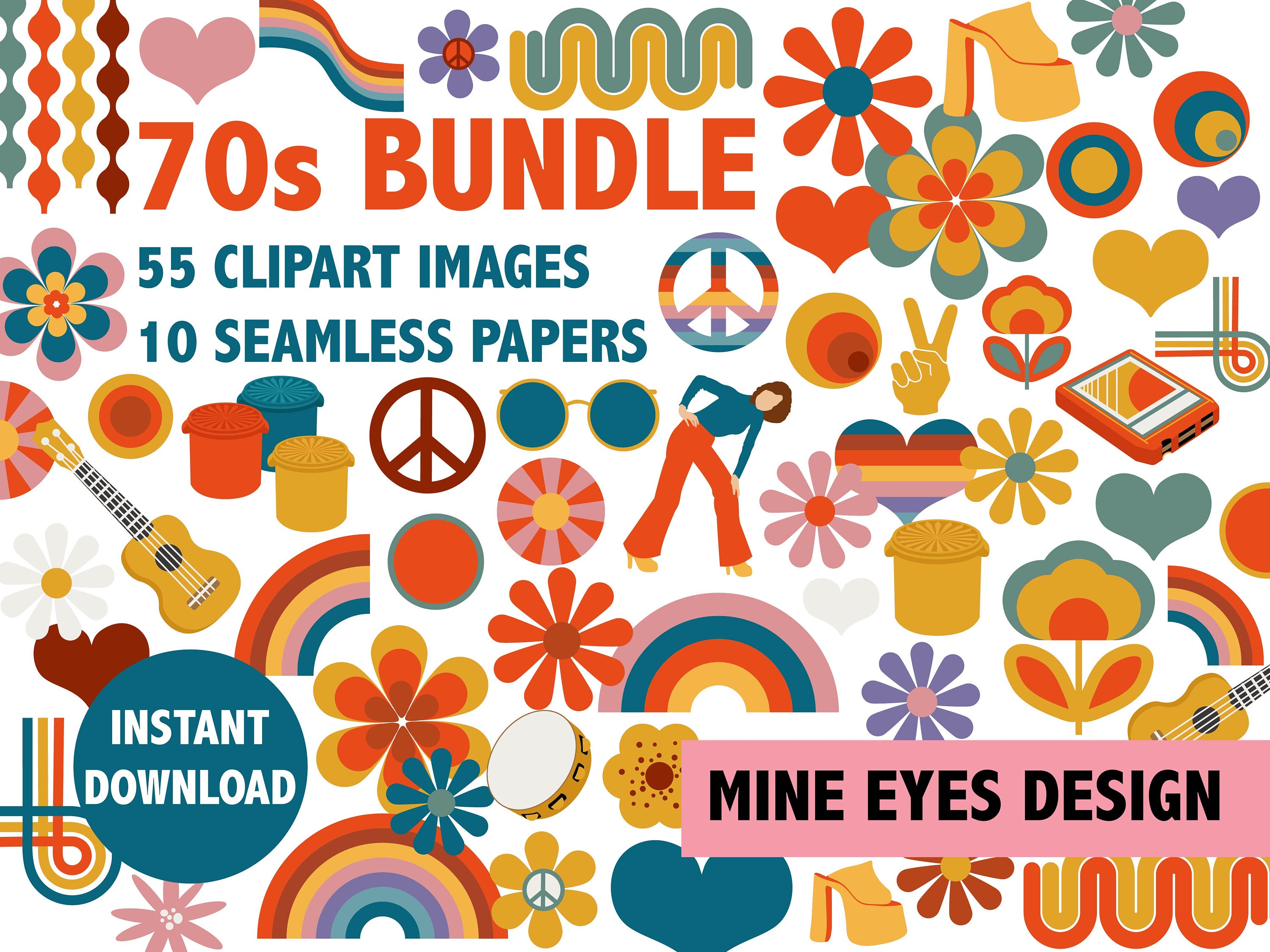 1970's Bundle RETRO Seventies Clip Art Icons and Seamless - Etsy