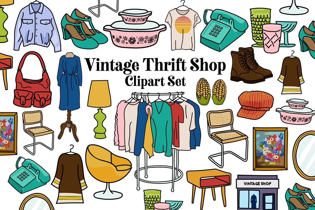 Vintage Thrift Shop Graphics Clipart Set Retro Fashion Mid Century ...