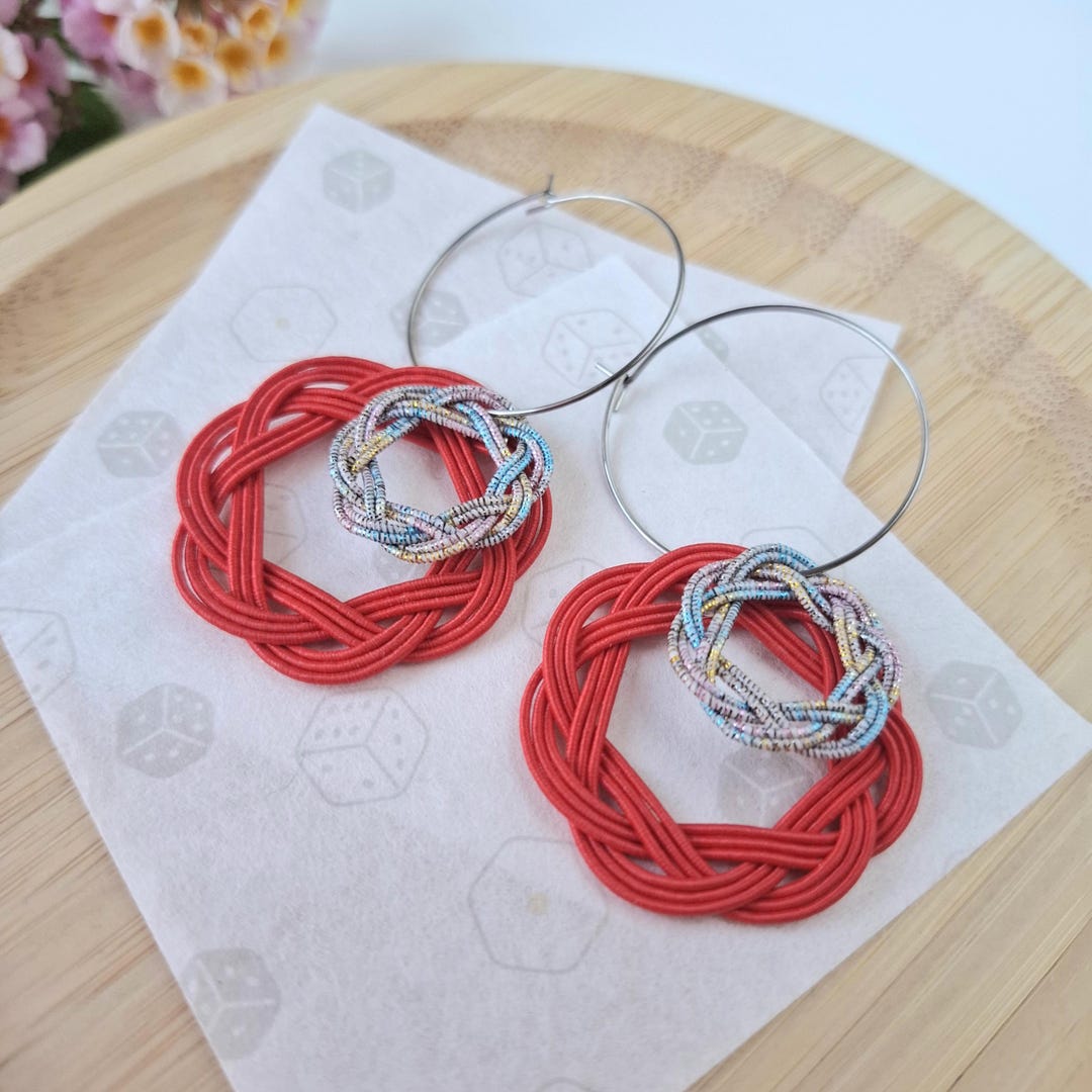 Red and Sparkly Rainbow Japanese LOOP Knot Hoop Earrings, Mizuhiki ...