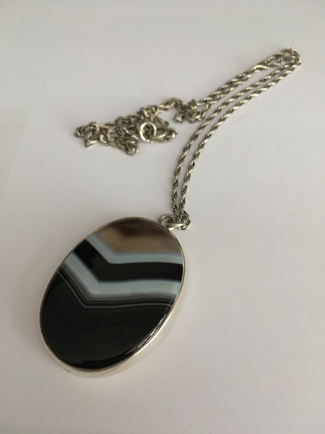 Banded Agate Pendant and Chain 925 1970s - Etsy