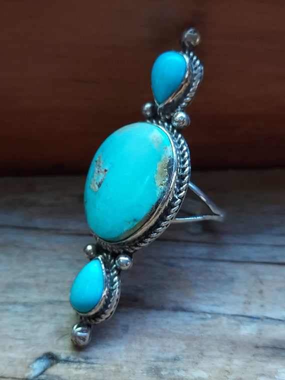 Long Sterling Turquoise Native American Ring - Gem