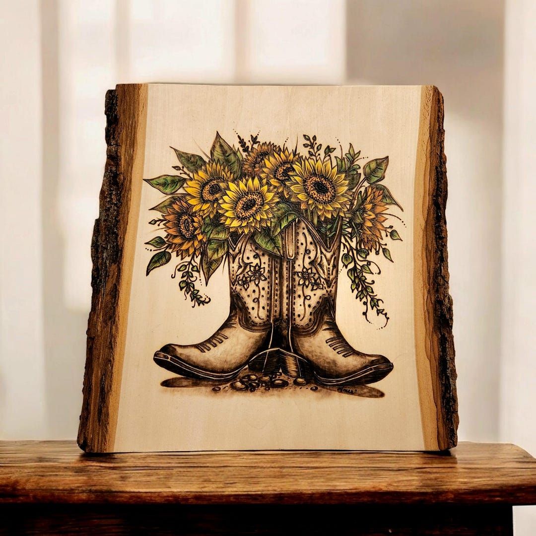Wood Burned Cowboy Boots With Sunflowers. Floral Wood Burn. Cowboys ...