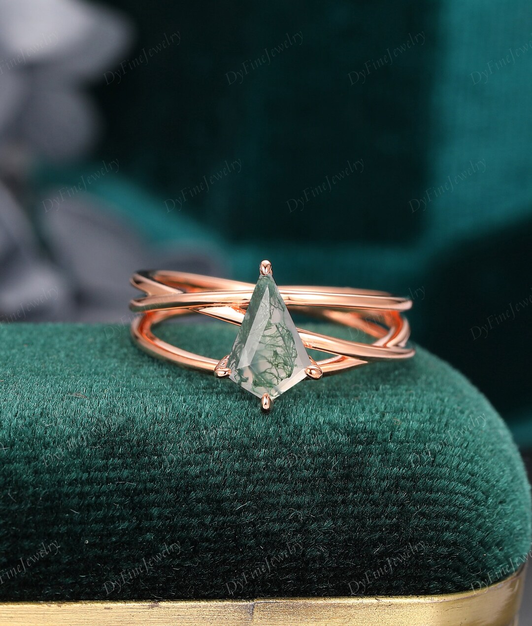 14k Solid Gold Gemstone Ring, Kite Shape 6x9mm Natural Moss Agate Ring ...