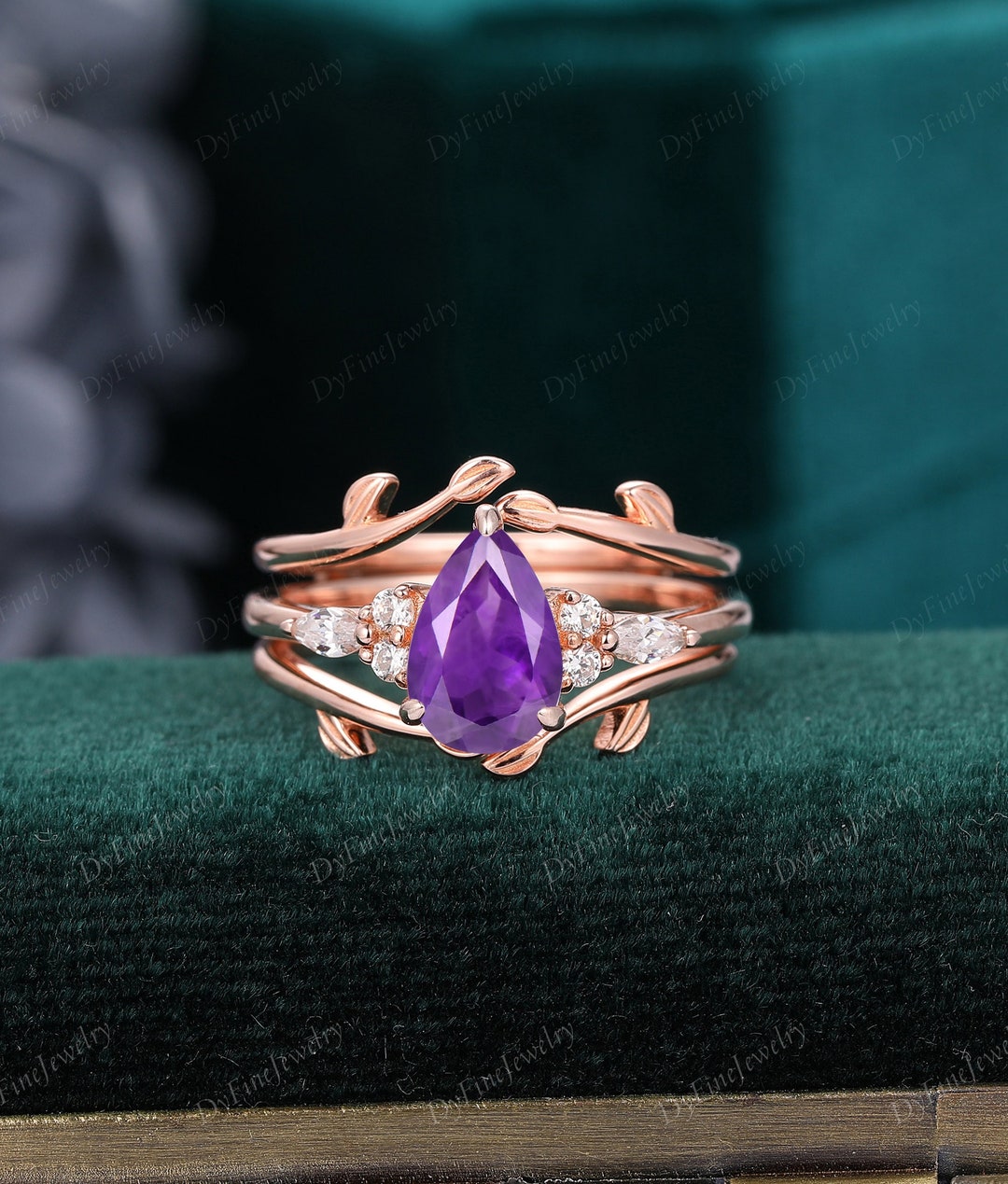Gemstone Bridal Set, 6x9mm Pear Pear Cut Natural Amethyst Engagement ...