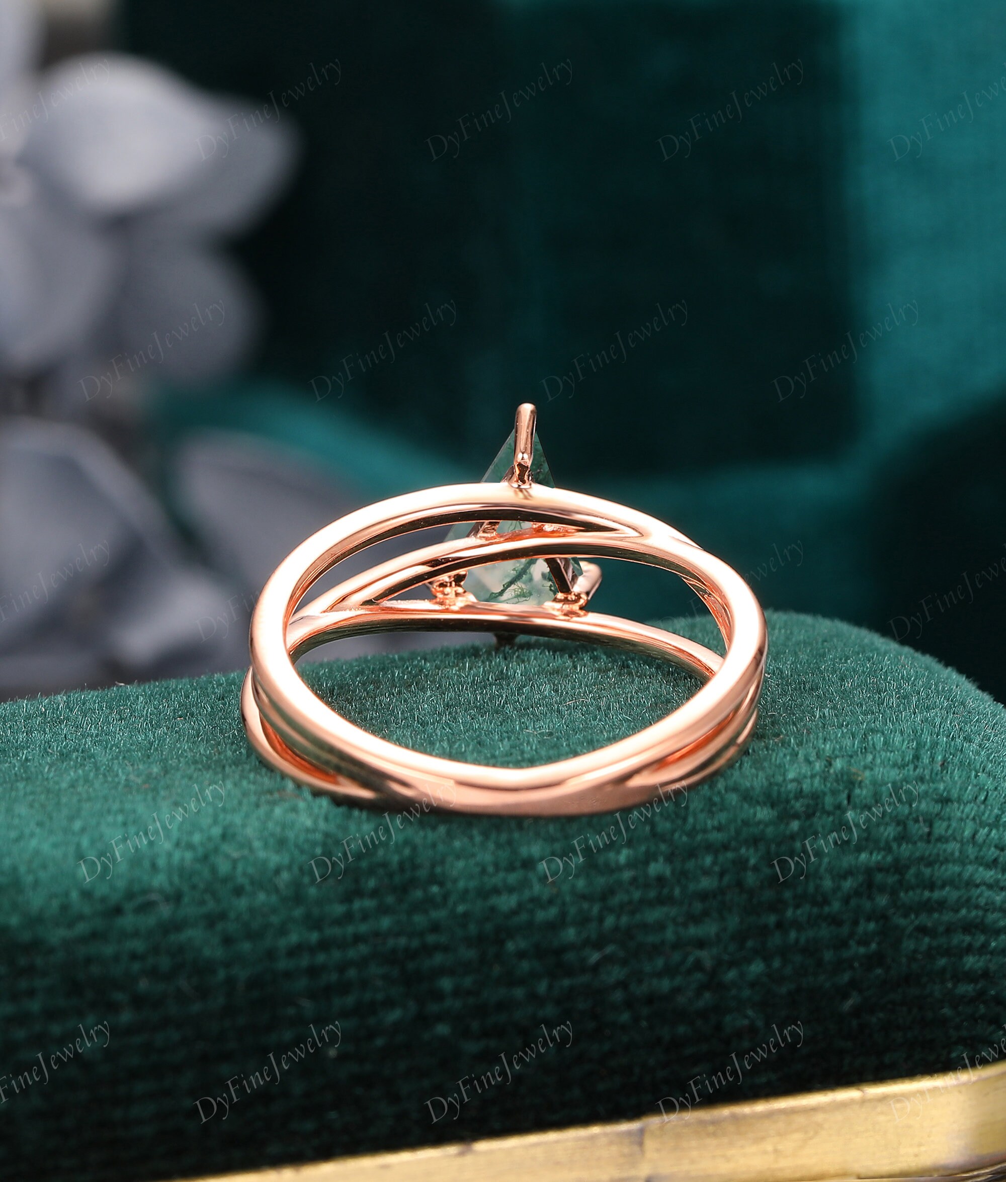 14k Solid Gold Gemstone Ring Kite Shape 6x9mm Natural Moss - Etsy