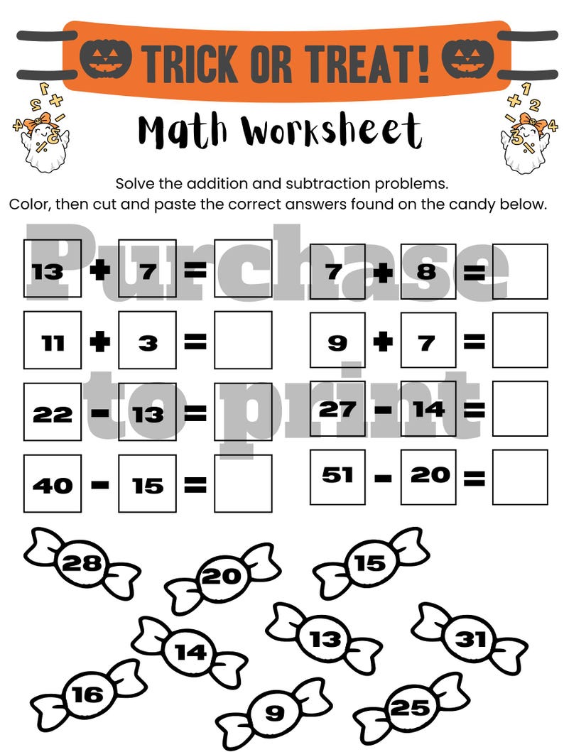 Halloween Addition & Subtraction Worksheet - Etsy