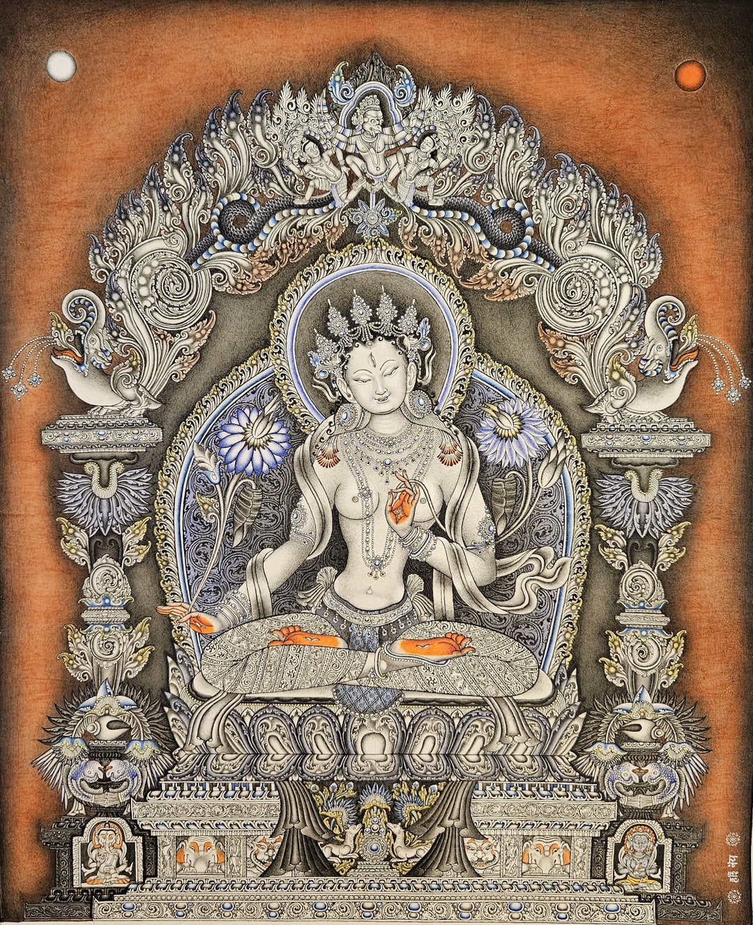 308. White Tara Art Painting: Newari Style Paubha, Signed by the Artist ...