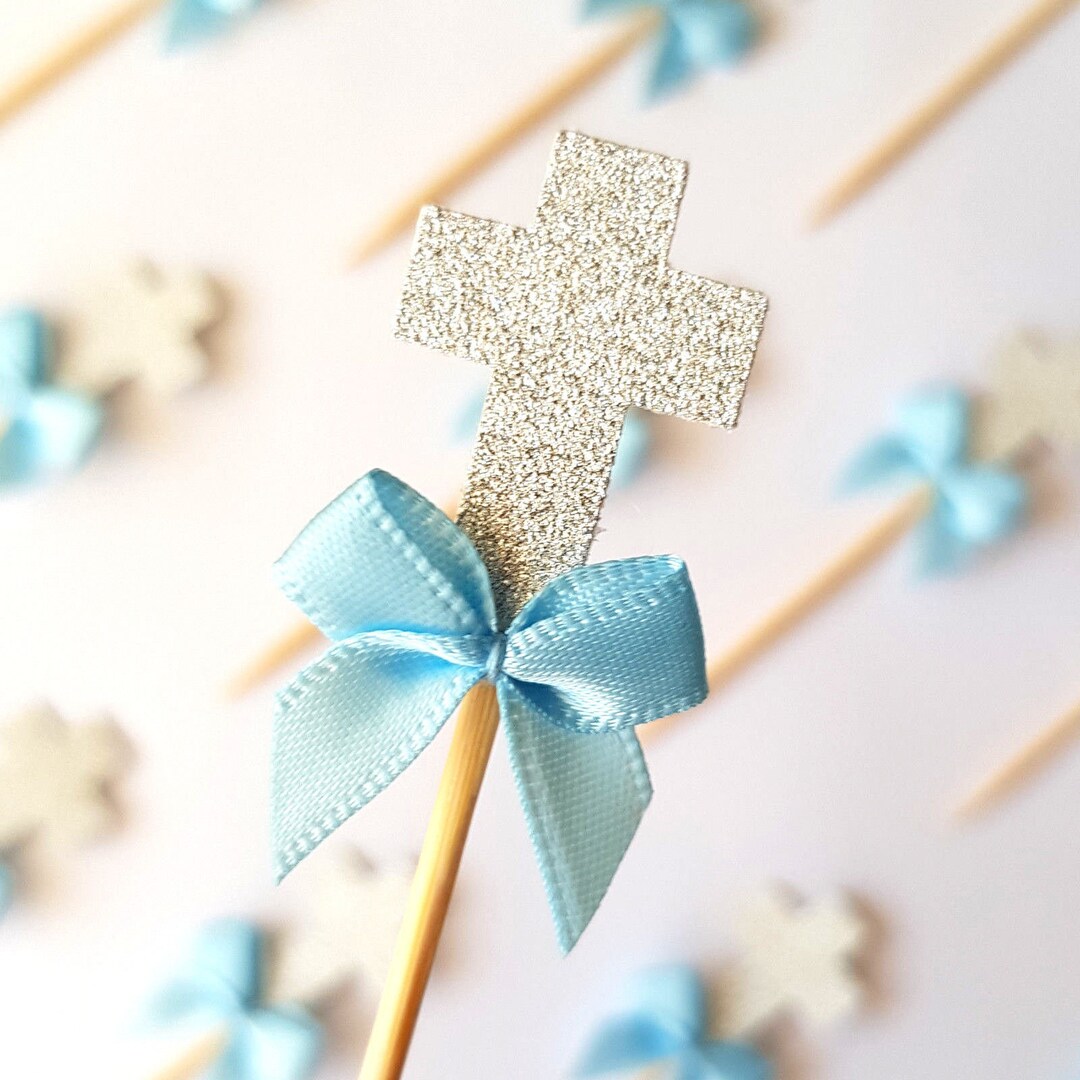 Cross Cupcake Topper Picks Silver Glitter With Blue Ribbons 12 PIECES ...