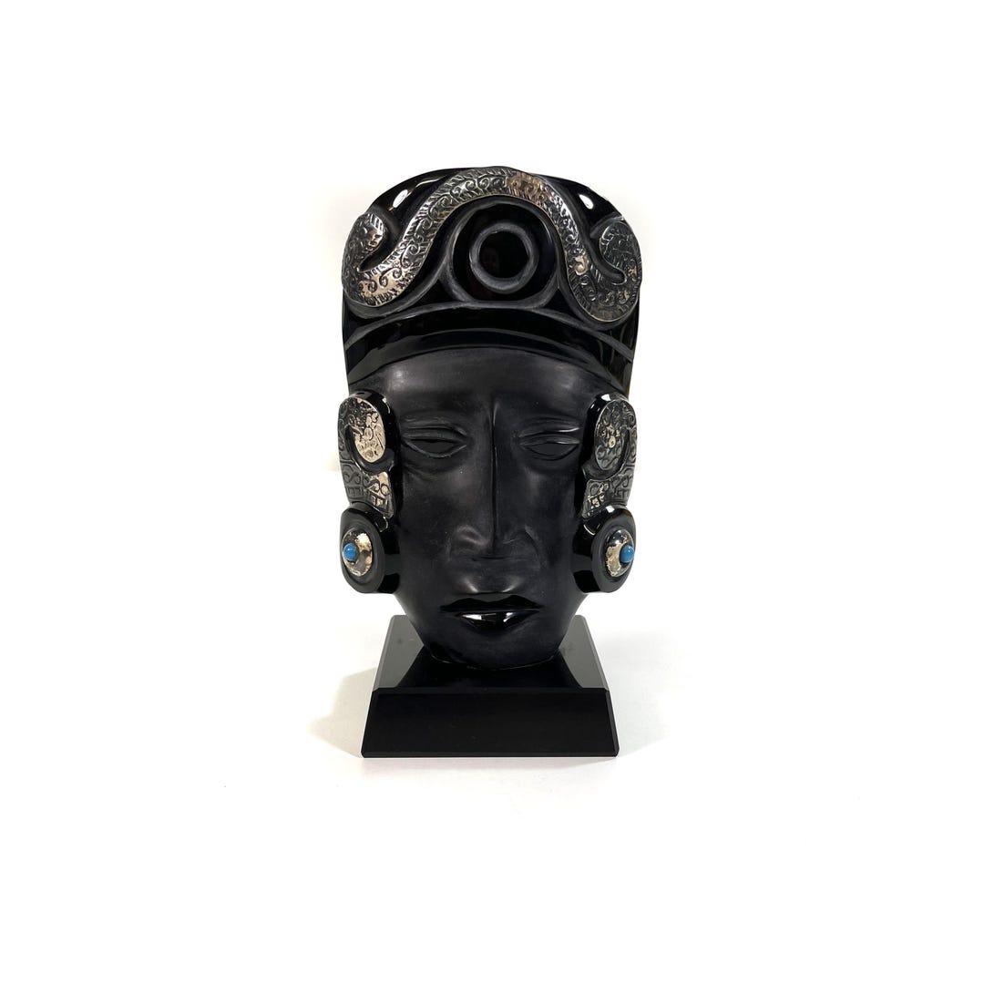 Vintage Obsidian Aztec Maya Figure - Face Mask - Head With Gemstones ...