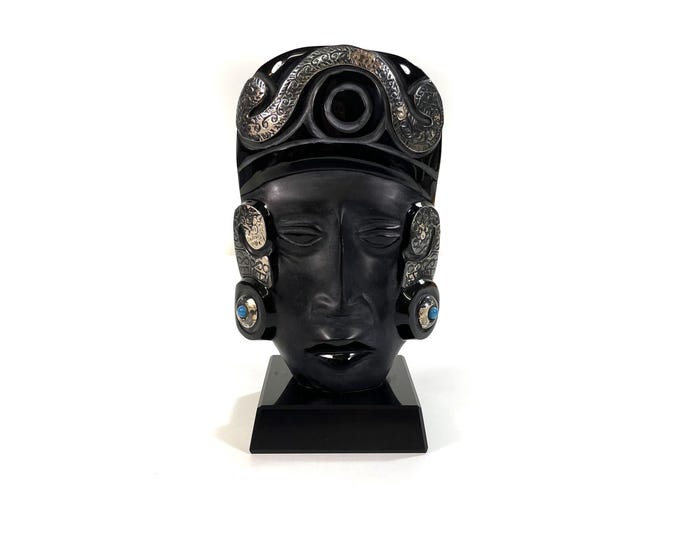 Vintage Obsidian Aztec Maya Figure - Face Mask - Head With Gemstones ...