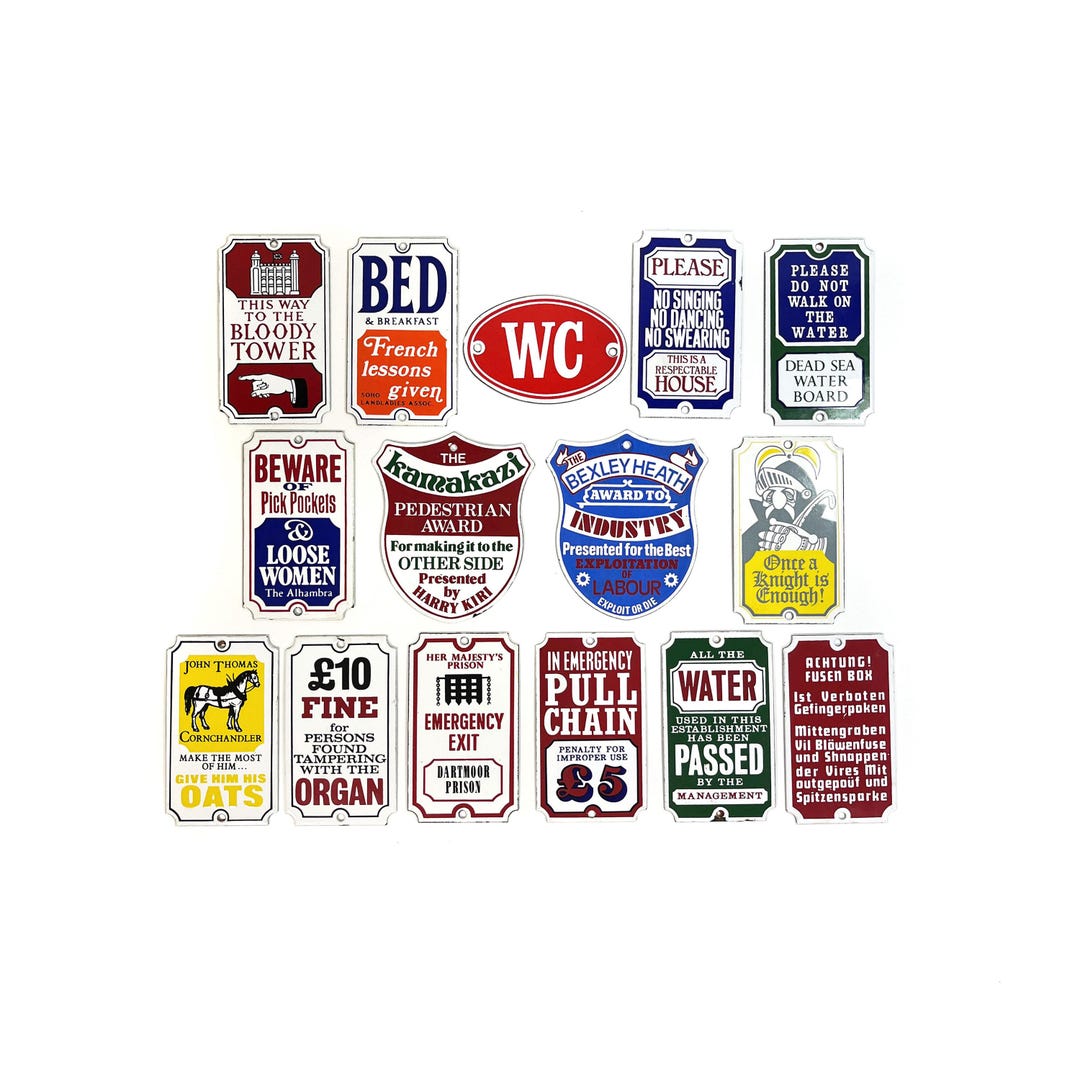 Retro Enamel Signs by Dodo Designs - Collection of 15 Enamelled Metal ...