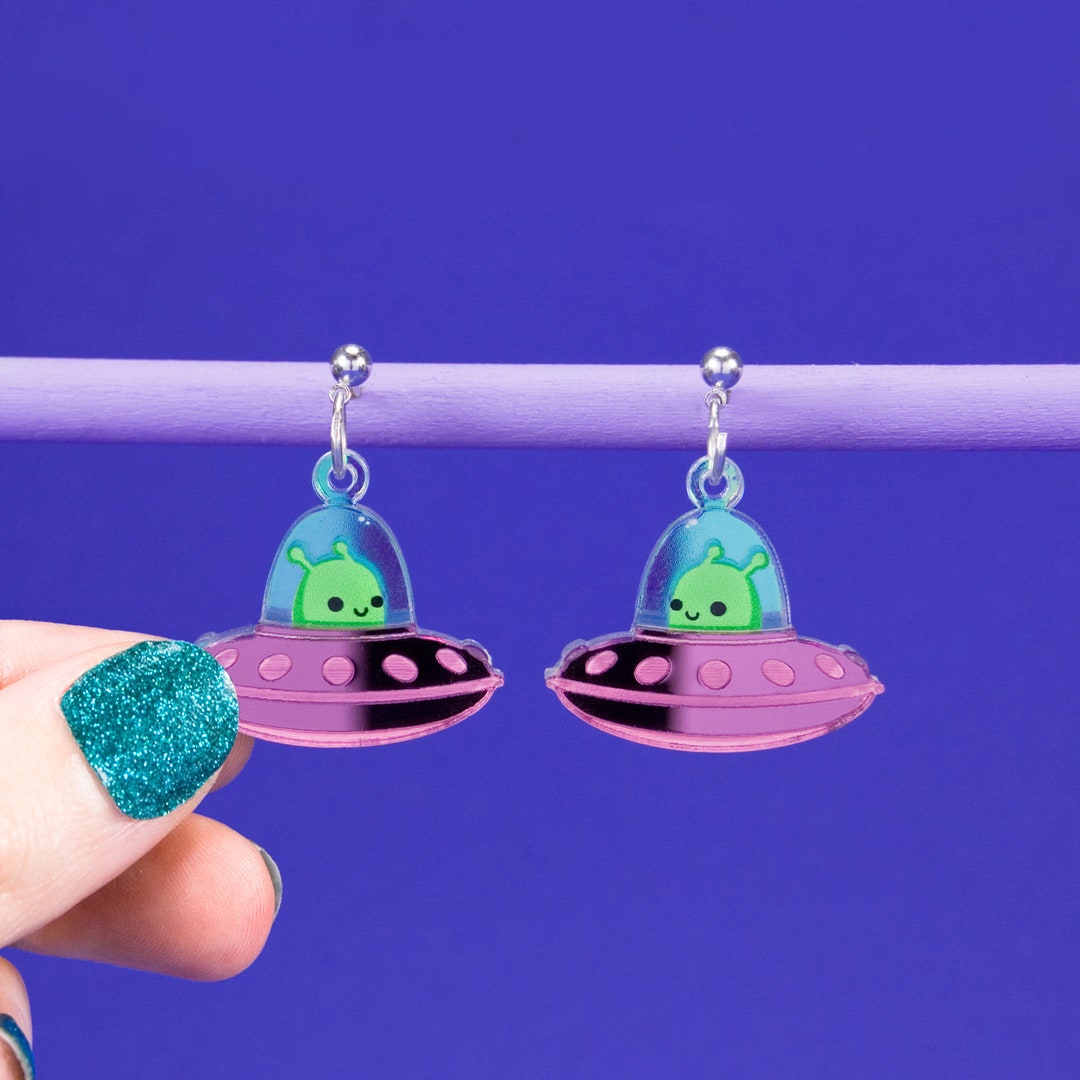 Tiny UFO Earrings, Space Alien Acrylic Stud Earrings, Dangle & Drop ...