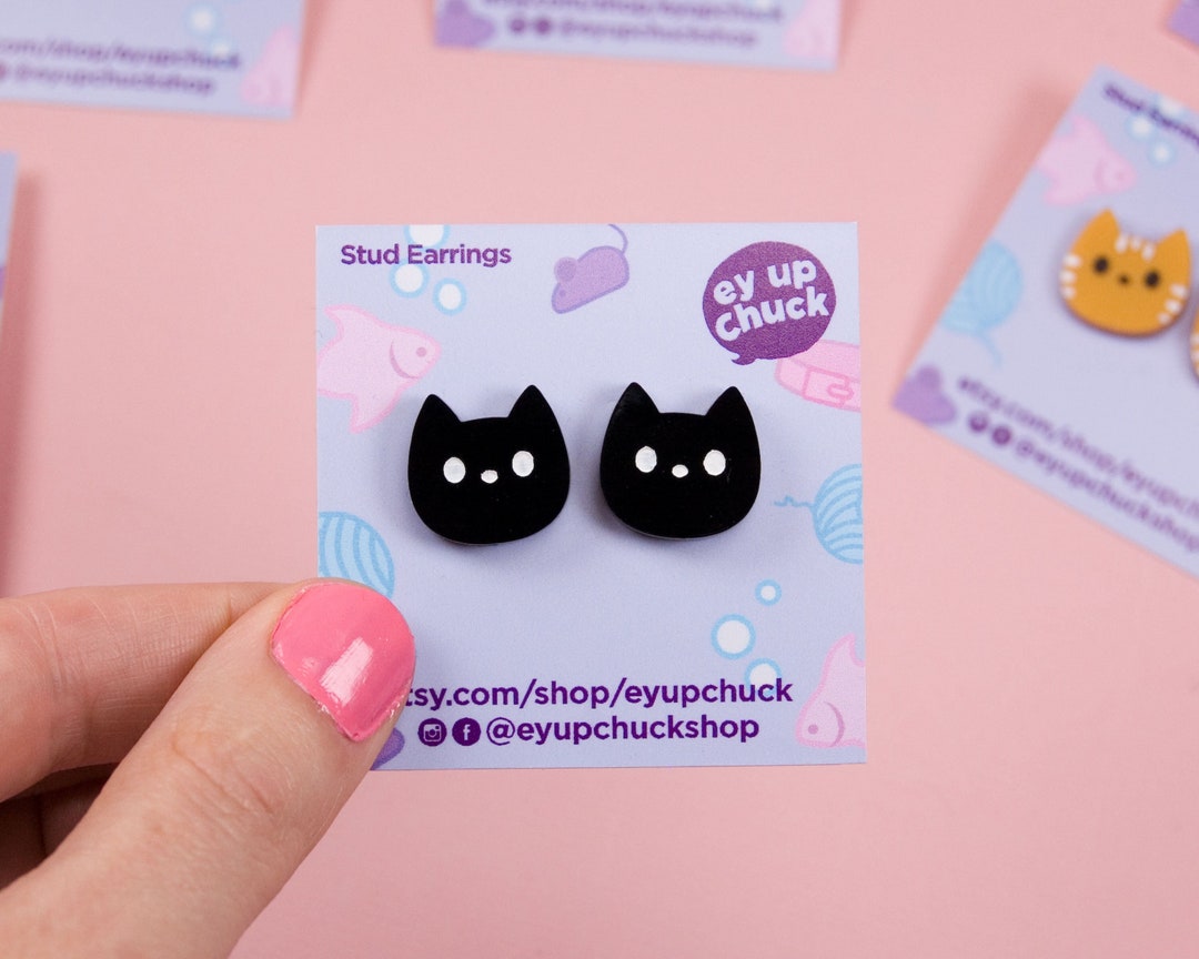Cat Face Stud Earrings, Laser Cut Black Acrylic, Handmade in the UK ...