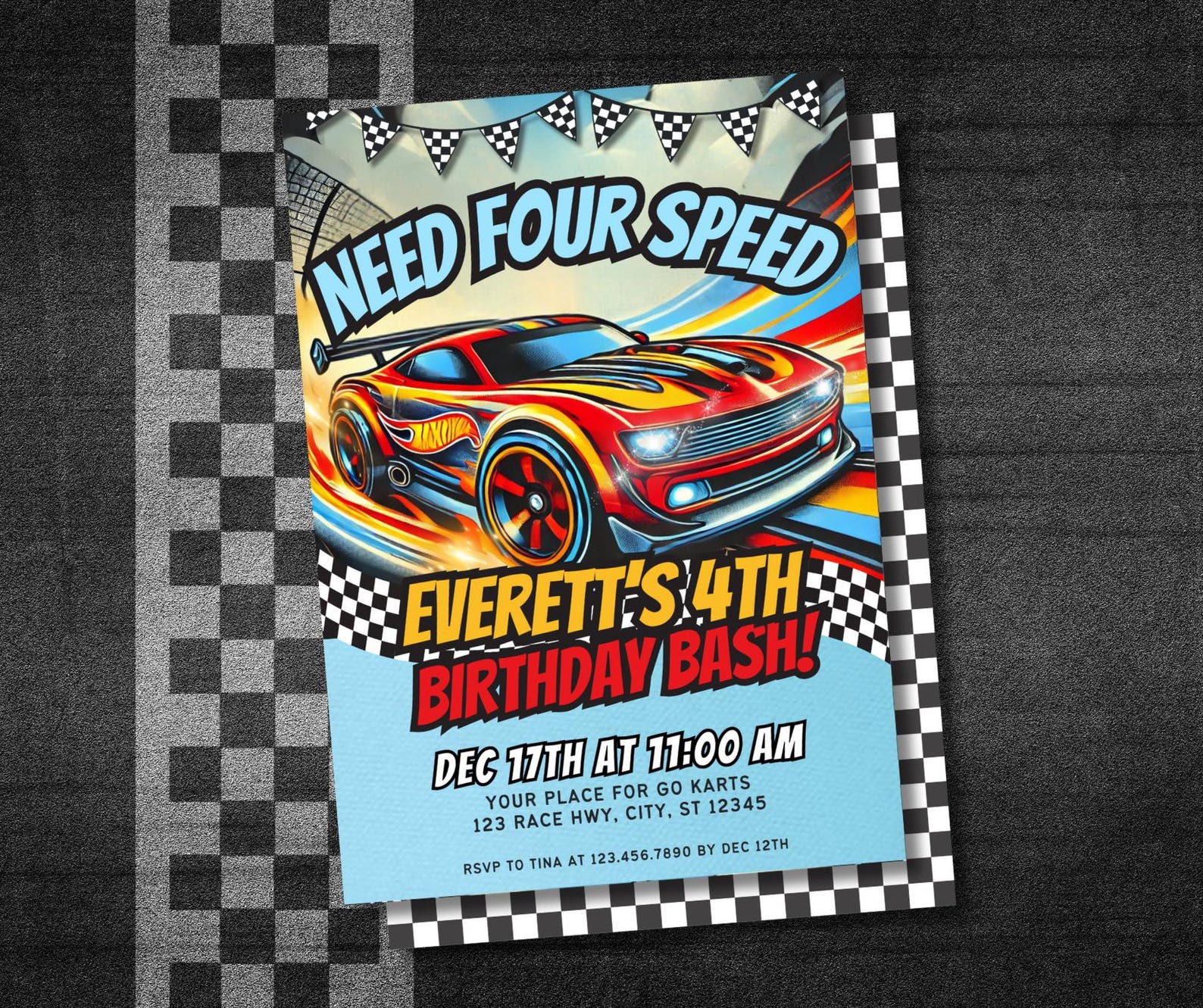 Race Car 4th Birthday Invitation Template – Hot Wheels Party (DIY ...
