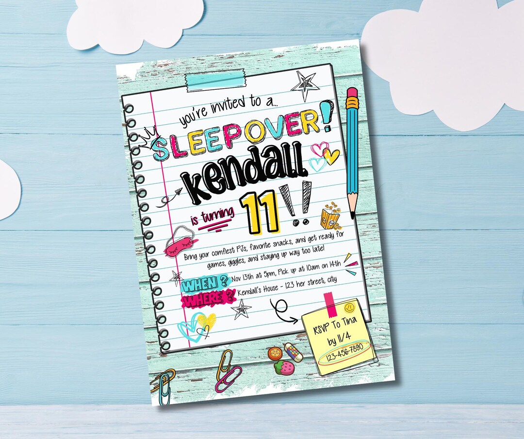 Girls Sleepover Birthday Invitation, Doodle Design (canva Template) - Etsy