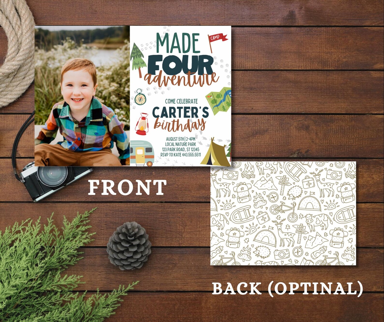 Made FOUR Adventure Birthday Photo Invitation, Camping Birthday Theme ...