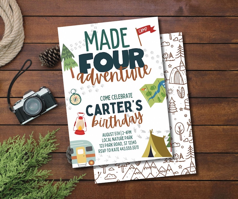 Made FOUR Adventure Birthday Invitation, Camping Birthday Theme, Park ...