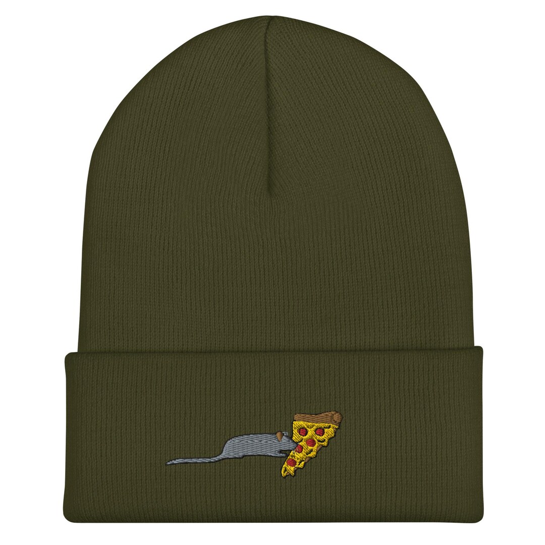 Pizza Rat Hat Cuffed Beanie - Embroidered Knit Unisex Womens Mens Black ...