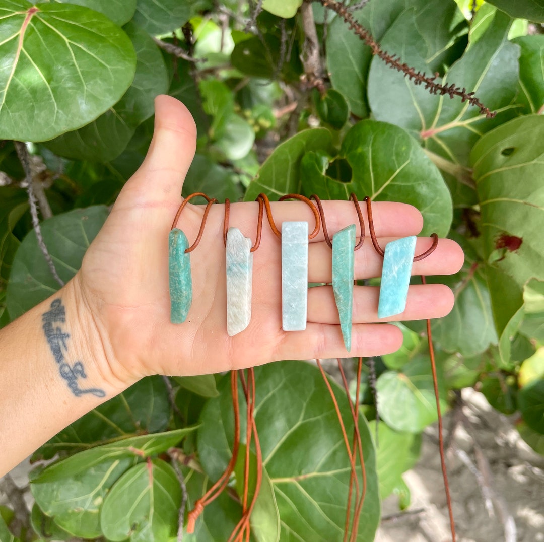 Green Peruvian Amazonite Crystal Slab Pendant Leather Necklace - Etsy