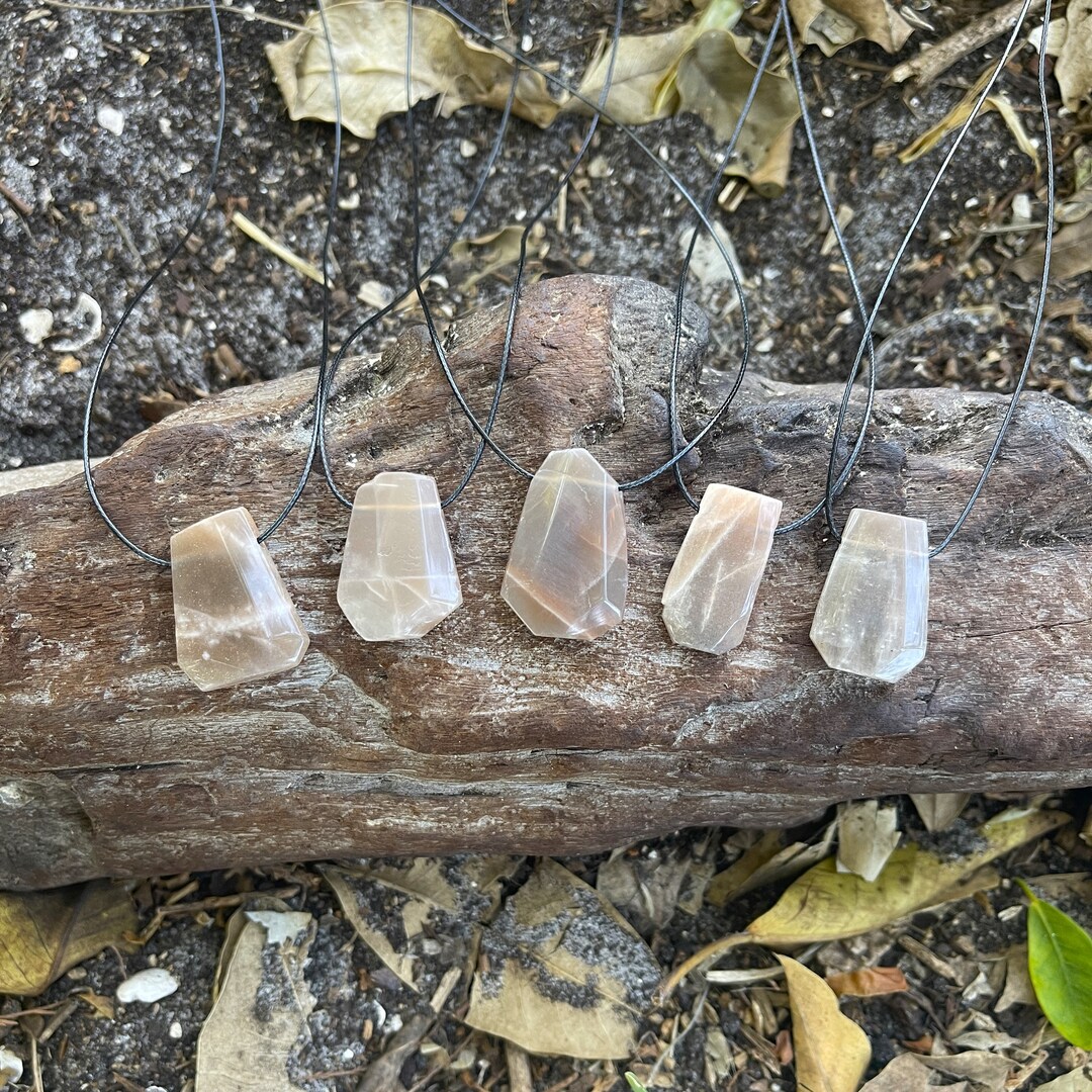 Peach Indian Moonstone Trapezoidal Stone Crystal Pendant Cotton Cord ...