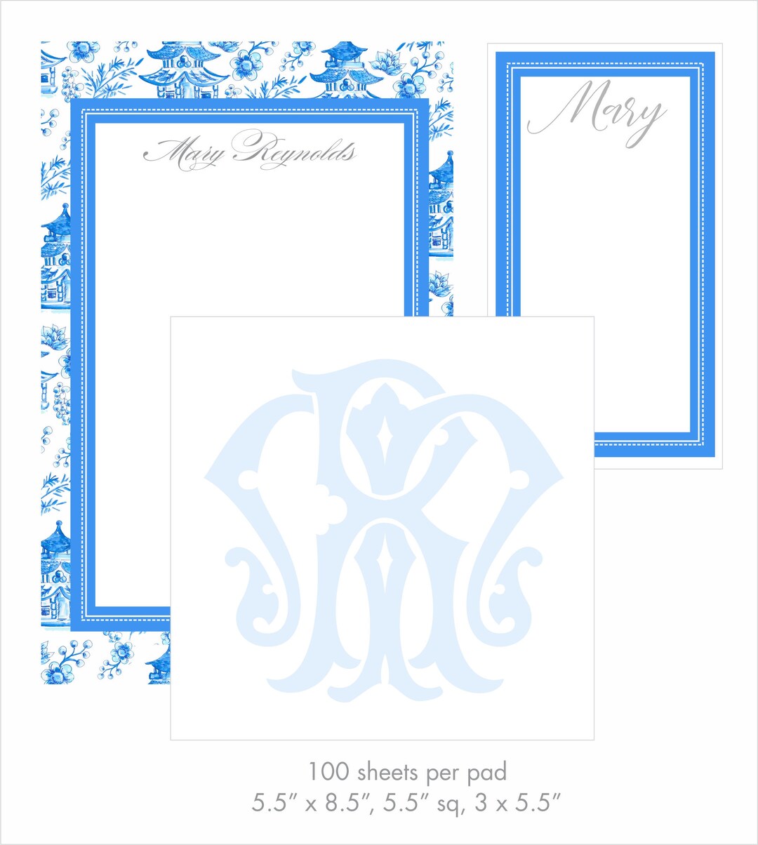 Blue Chinoiserie Notepad, Notepad Set, Personalized Notepads ...
