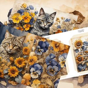 Tabby Cat Junk Journal Kit, Sunflowers, Cats & Pansies Digital Paper ...