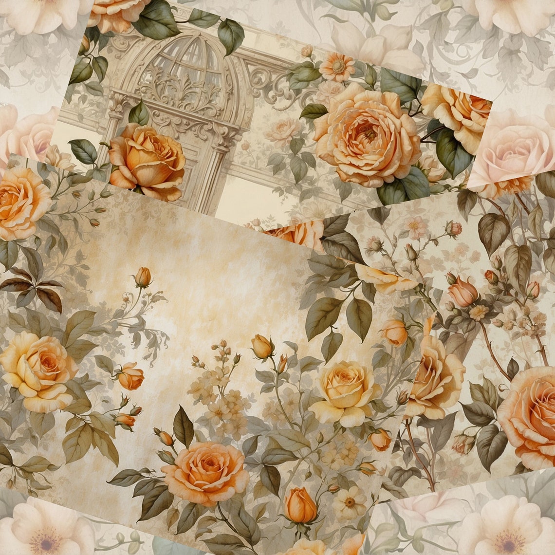 Peach Shabby Digital Paper Pack, French Style, Floral Junk Journal ...