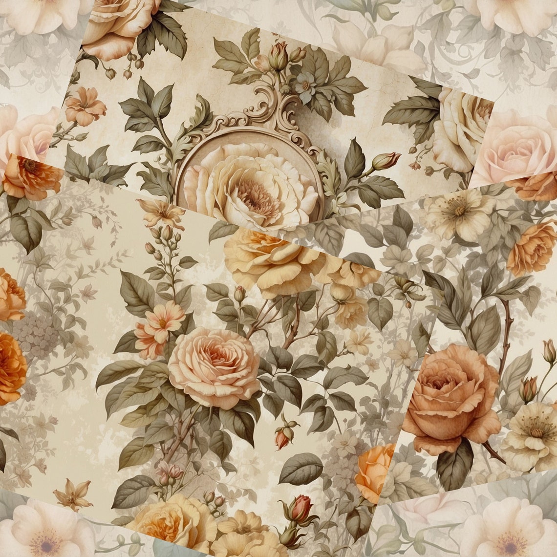 Peach Shabby Digital Paper Pack, French Style, Floral Junk Journal ...