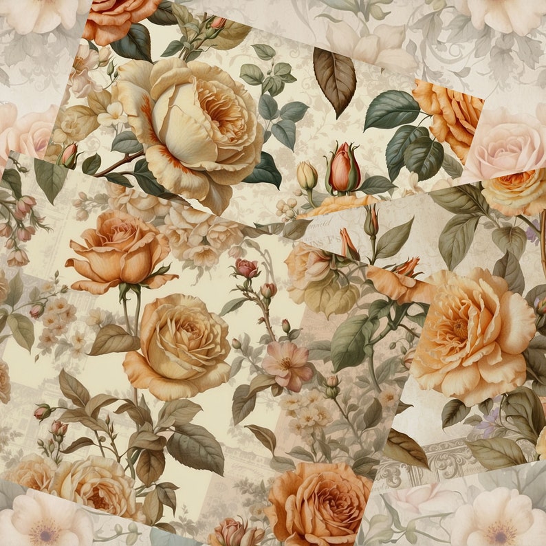 Peach Shabby Digital Paper Pack, French Style, Floral Junk Journal ...
