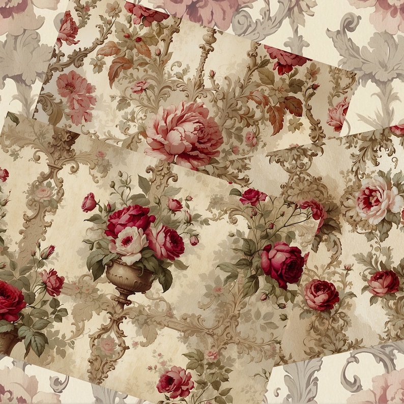 Shabby Chic Floral Scrapbook Paper, Cream & Red (digital Download ...