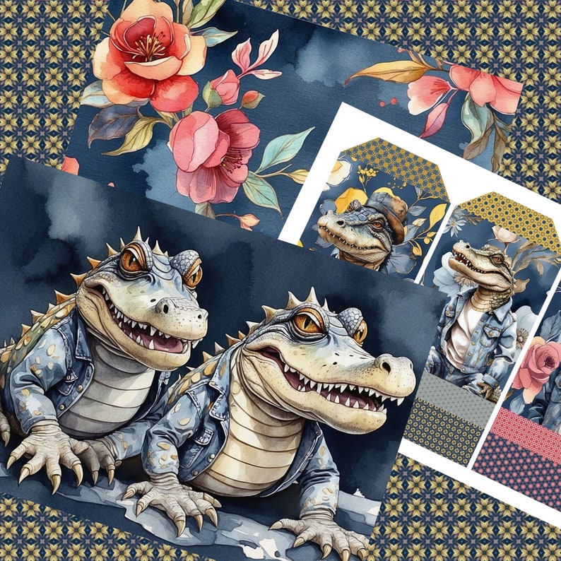 Crocodile in Denim Junk Journal Kit With Ephemera, Crocodile Journal ...