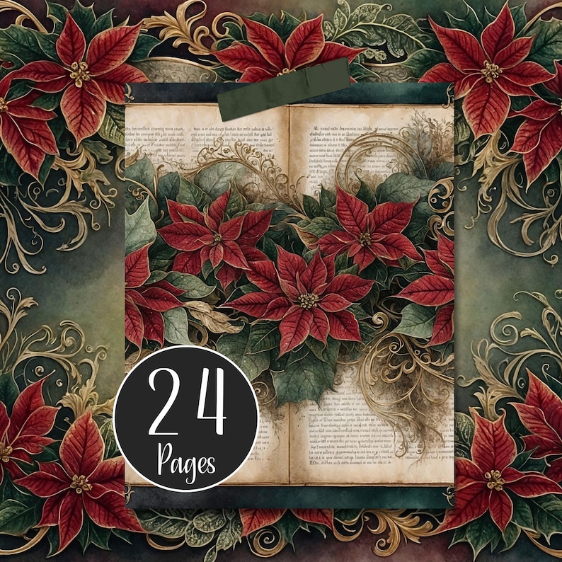 Poinsettias Digital Paper Pack for Christmas Junk Journals, Floral ...
