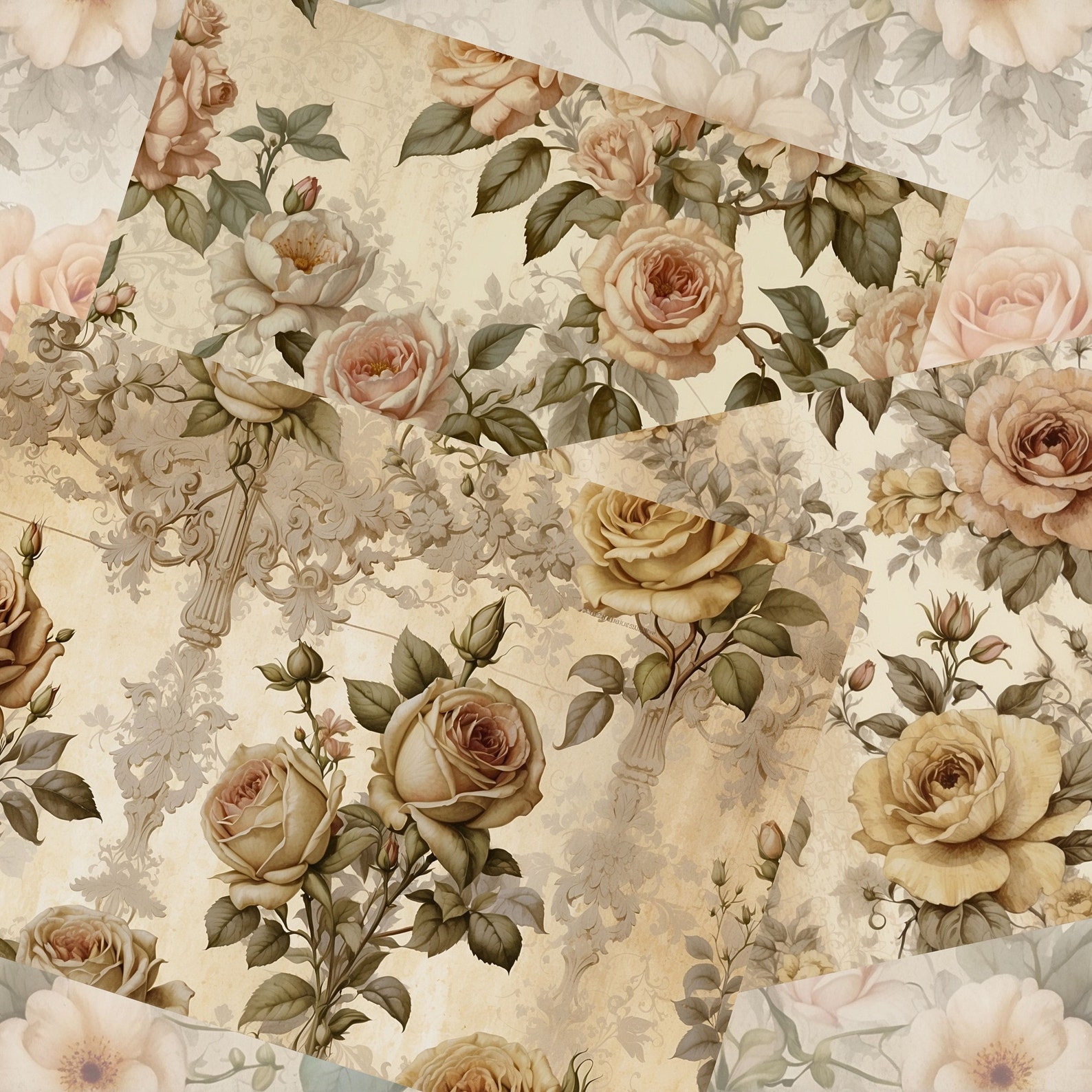 Peach Shabby Digital Paper Pack, French Style, Floral Junk Journal ...