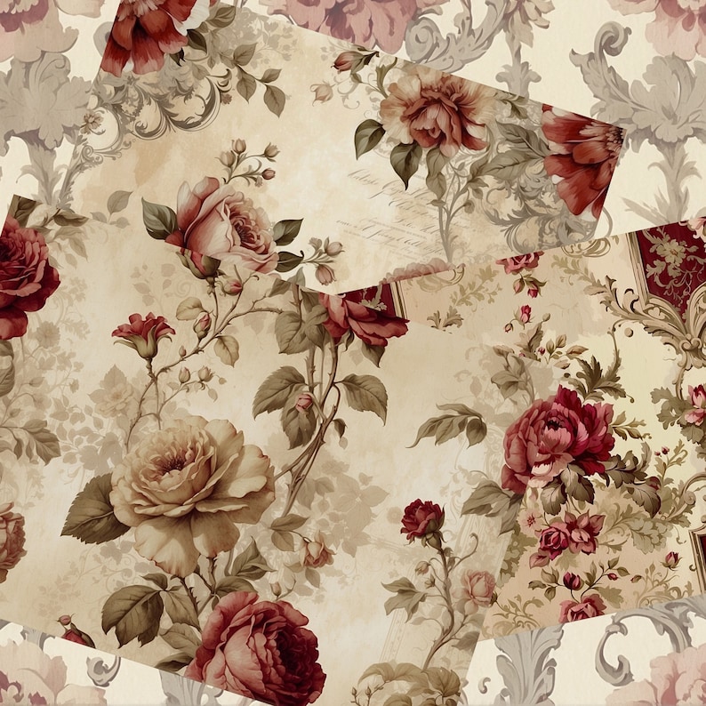 Shabby Chic Floral Scrapbook Paper, Cream & Red (digital Download ...