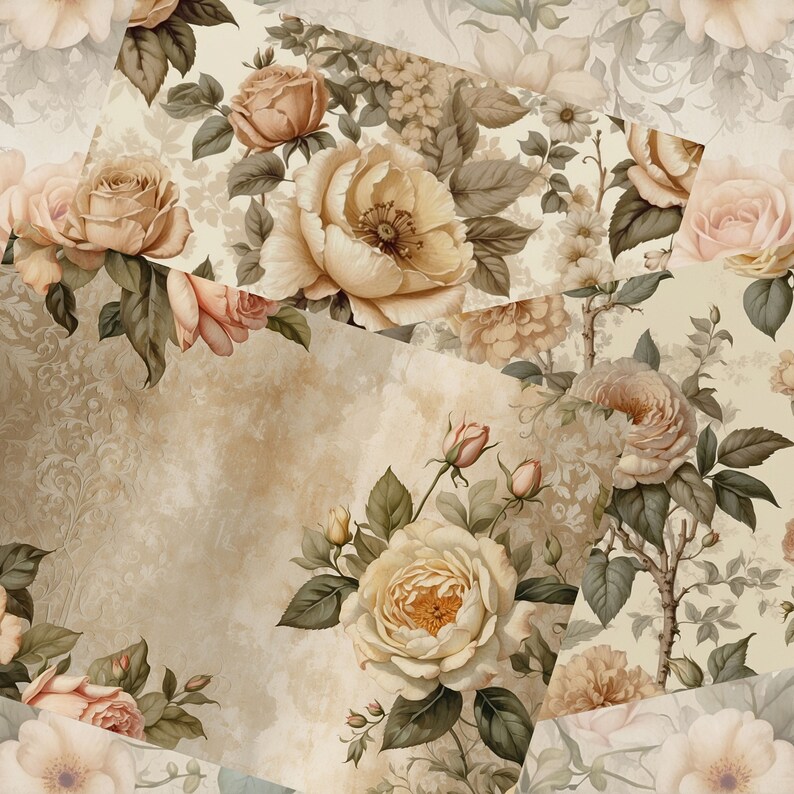Peach Shabby Digital Paper Pack, French Style, Floral Junk Journal ...