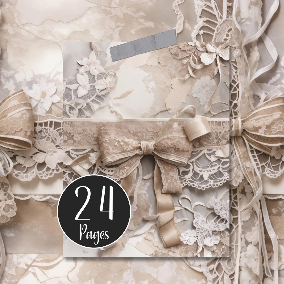 Cream and Sepia Ribbons and Lace Digital Paper Pack for Journals ...