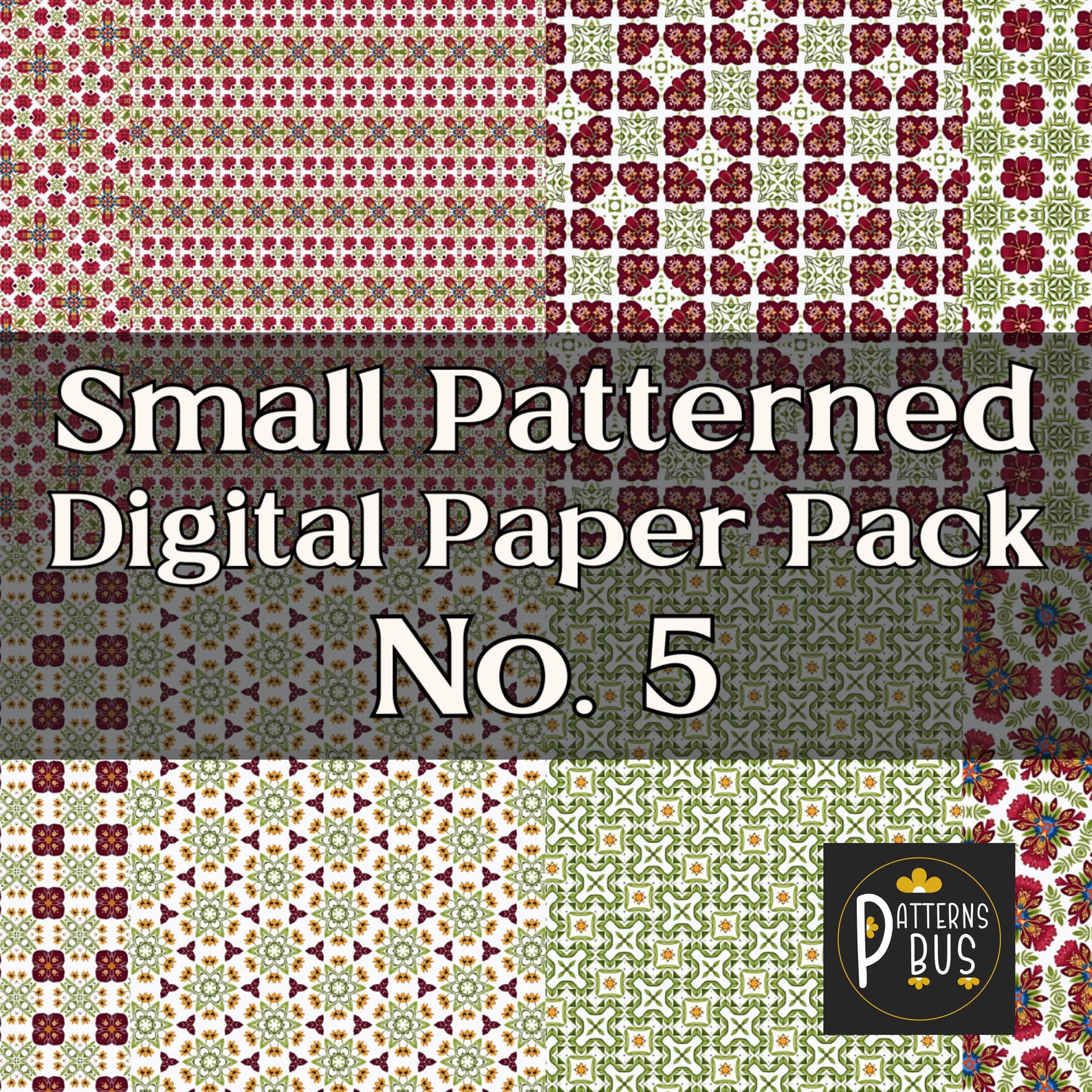 Small Patterned Digital Paper Pack No. 5 in Hues of Red, Green and ...