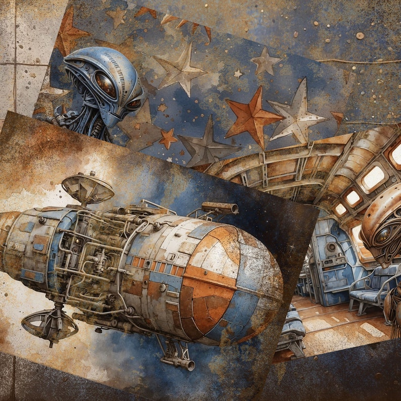 Grunge Space Junk Journal Kit, Digital Papers Printable Craft Paper ...