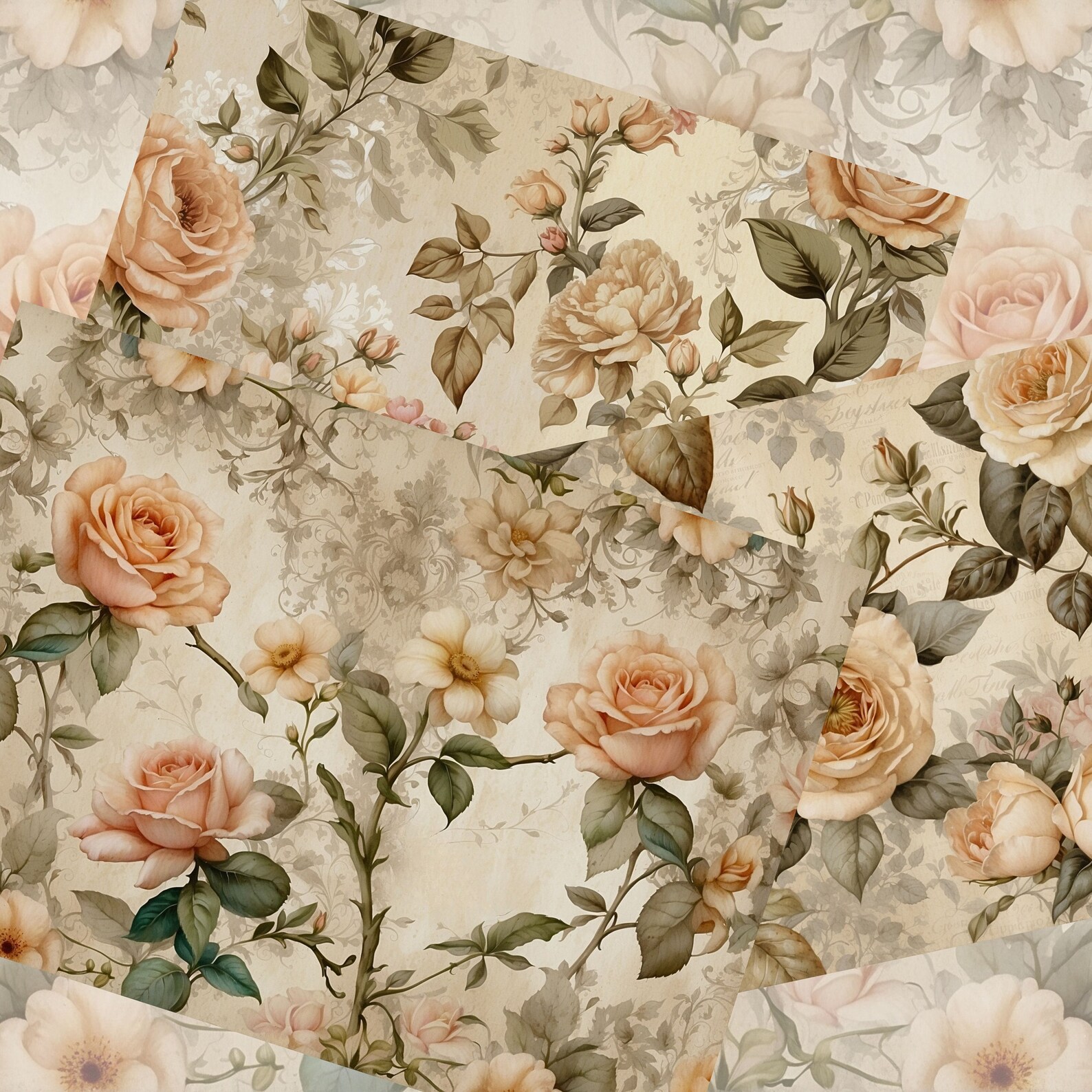 Peach Shabby Digital Paper Pack, French Style, Floral Junk Journal ...