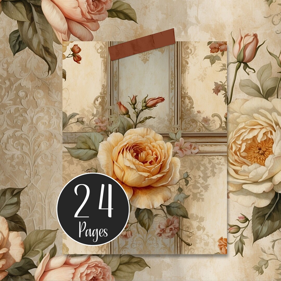 Peach Floral Digital Paper Pack, Shabby French Ephemera (digital ...