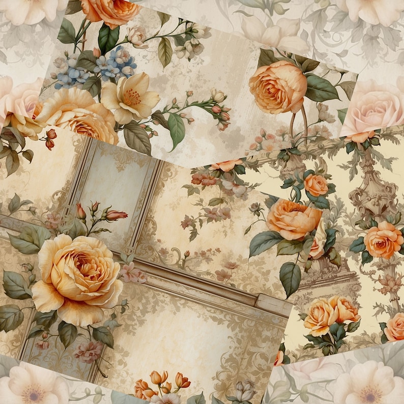 Peach Shabby Digital Paper Pack, French Style, Floral Junk Journal ...