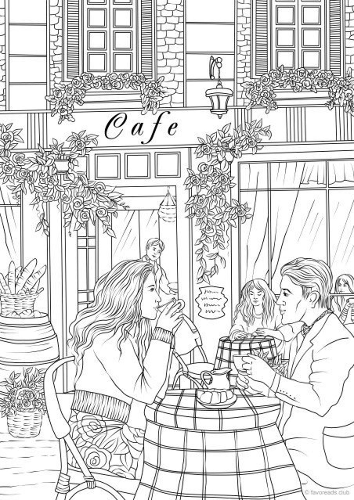 Date in a Cafe Printable Adult Coloring Page from Favoreads | Etsy