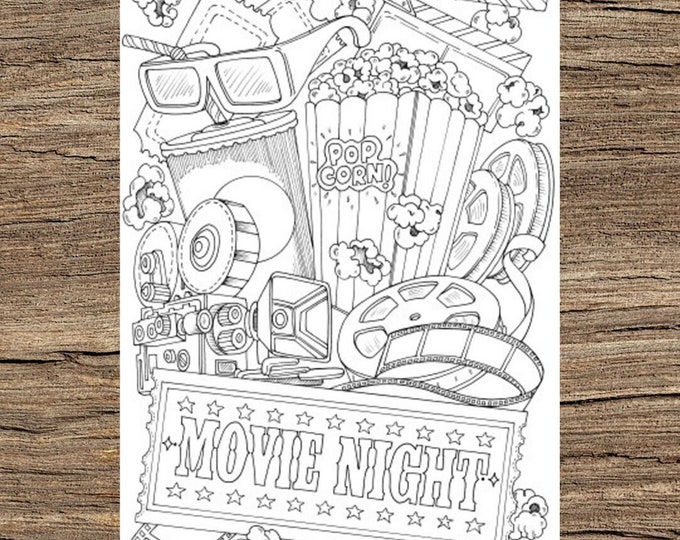 Movie Night Printable Adult Coloring Page From Favoreads coloring Book ...