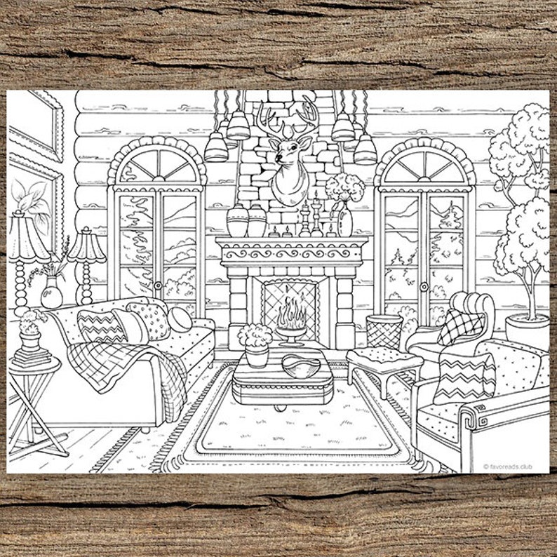 Wooden Cabin Printable Adult Coloring Page From Favoreads - Etsy Sweden